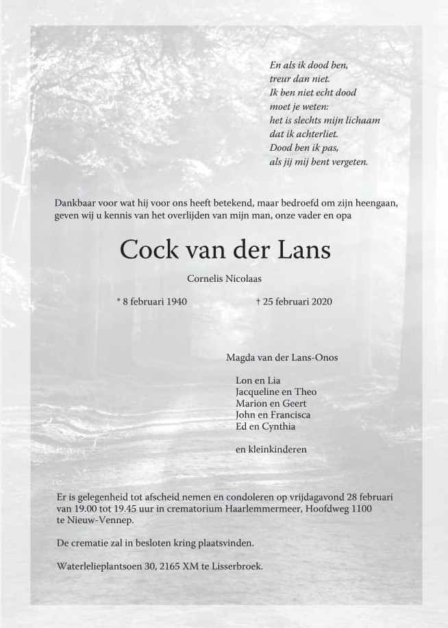 Cock van der Lans overleden | v.v. Kagia